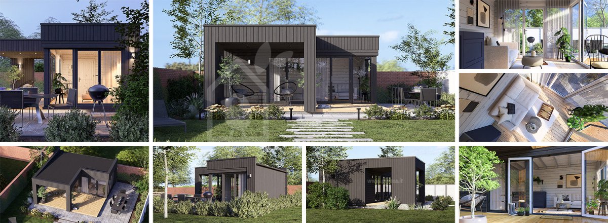 Casetta in legno da giardino INES PLUS con porticato a L (34 mm + rivestimento), 6x6 m, 36 m²