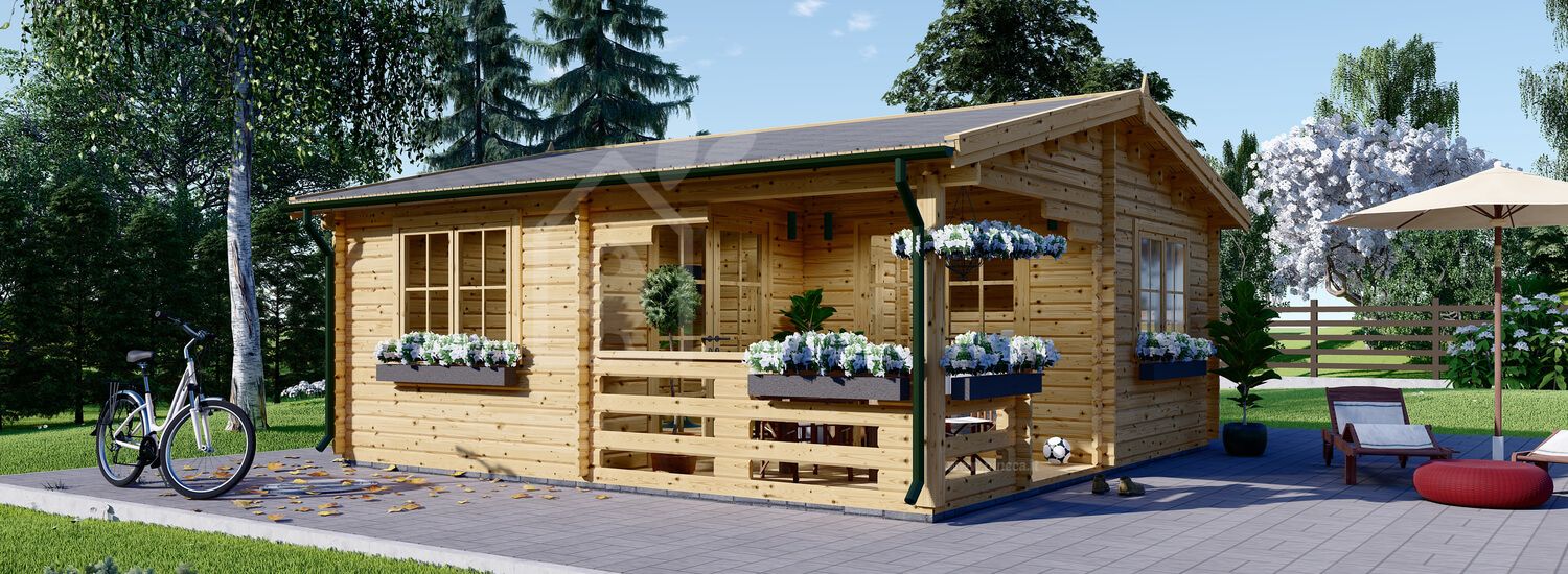 Casetta in legno con porticato OLIVIA (44 mm), 6x6 m, 27 m² + 8 m²